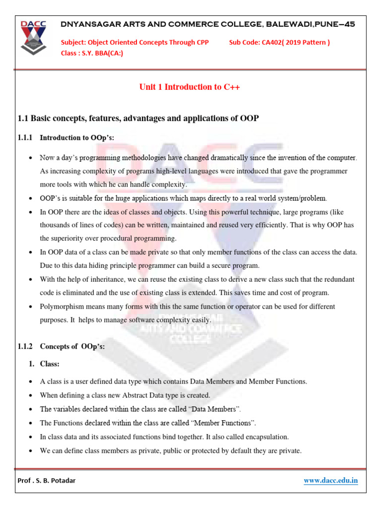 Notes CA403 Object Oriented Programming Using C Sybbaca | PDF | Class ... Notes CA403 Object Oriented Programming Using C Sybbaca | PDF | Class ...