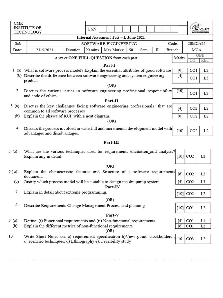 IAT-I Question Paper With Solution of 20MCA24 Software Engineering June ...