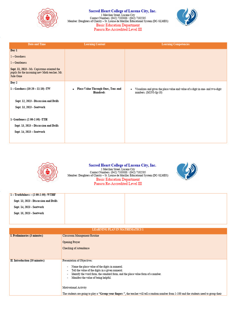 Math 1 Weekly Learning Plan | PDF | Human Communication | Behavior Modification