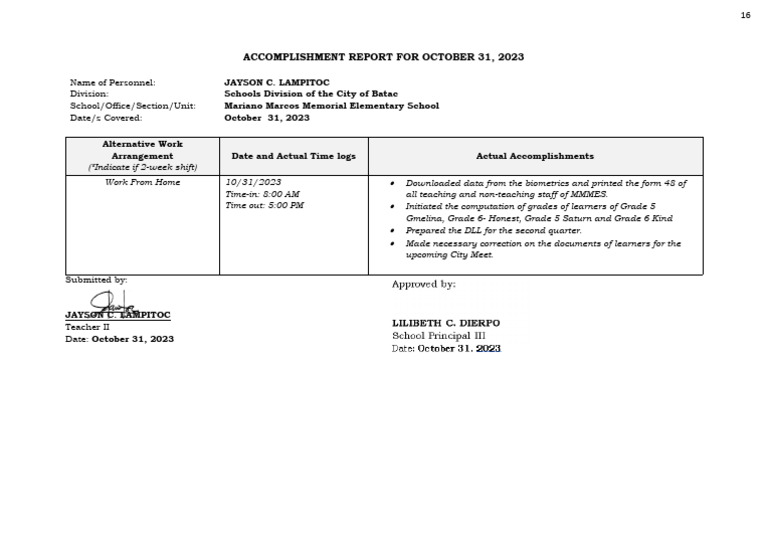 Accomplishment Report October 31 2023 | PDF