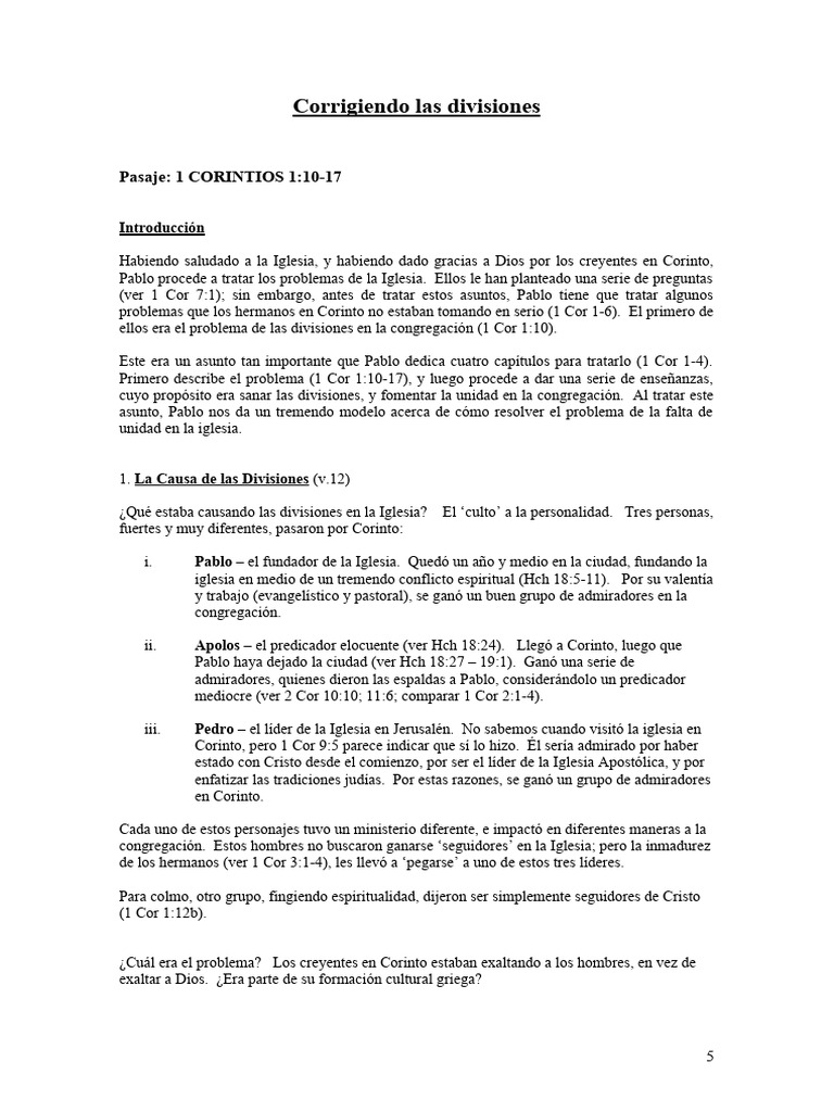Corrigiendo Las Divisiones: Pasaje: 1 CORINTIOS 1:10-17 | PDF | Pablo el apóstol | Iglesia Católica