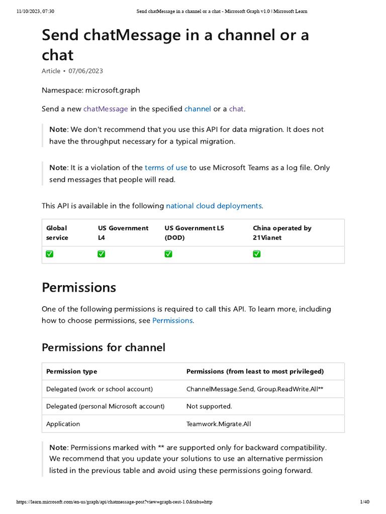 Send ChatMessage in A Channel or A Chat - Microsoft Graph v1.0 - Microsoft Learn | PDF ...
