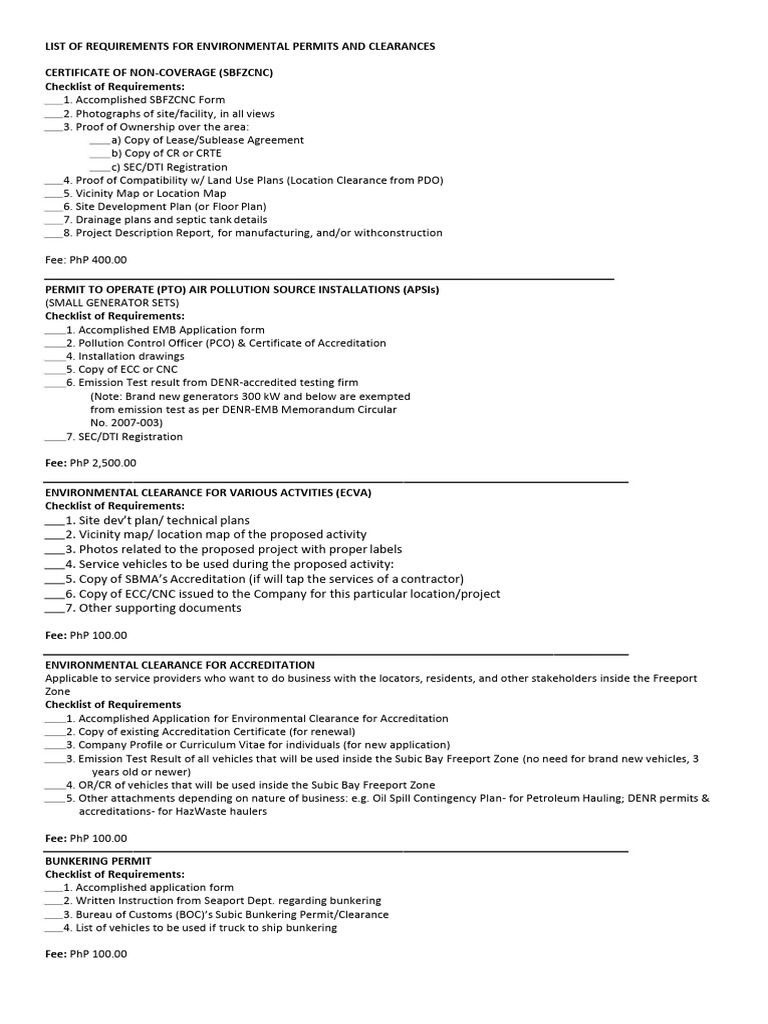 List of Requirements For Environmental Permits and Clearances | PDF | Law
