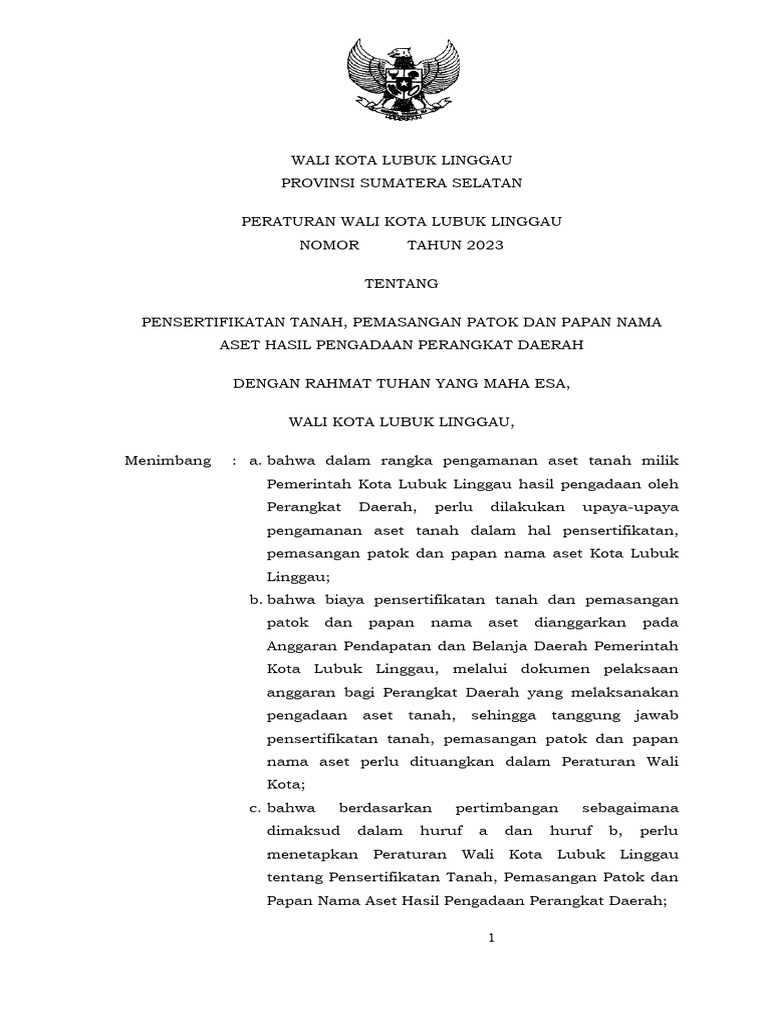 Perwal Pensertifikatan Tanah 2023 | PDF