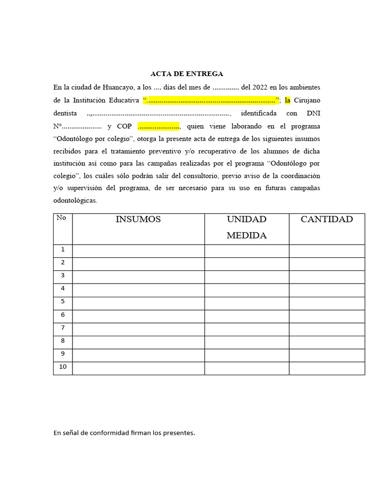 Acta de Entrega Insumos | PDF | Finanzas y dinero | Tecnología