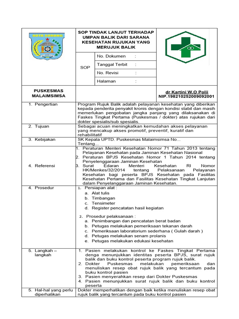 Sop + Daftar Tilik Rujuk Balik Prolanis | PDF