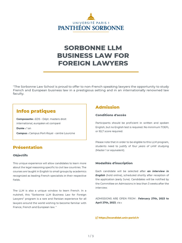 Sorbonne LLM in Business Law for Foreign Lawyers | PDF