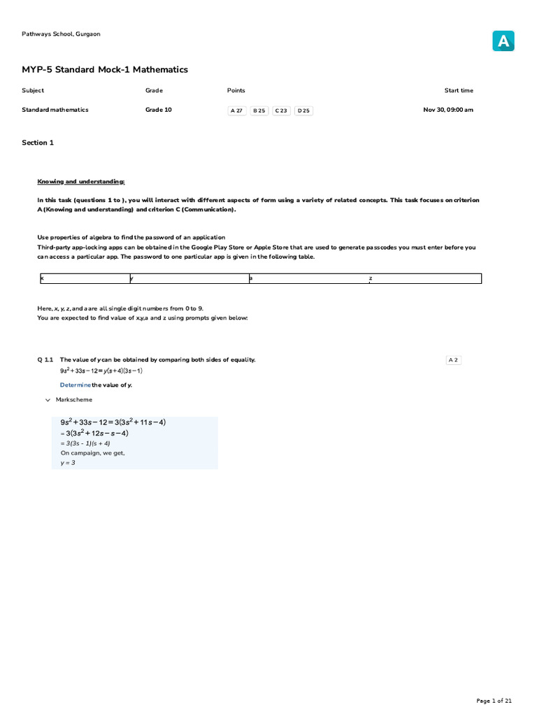 MYP-5 Standard Mock-1 Mathematics (6Y74J2) (With Markscheme) | PDF