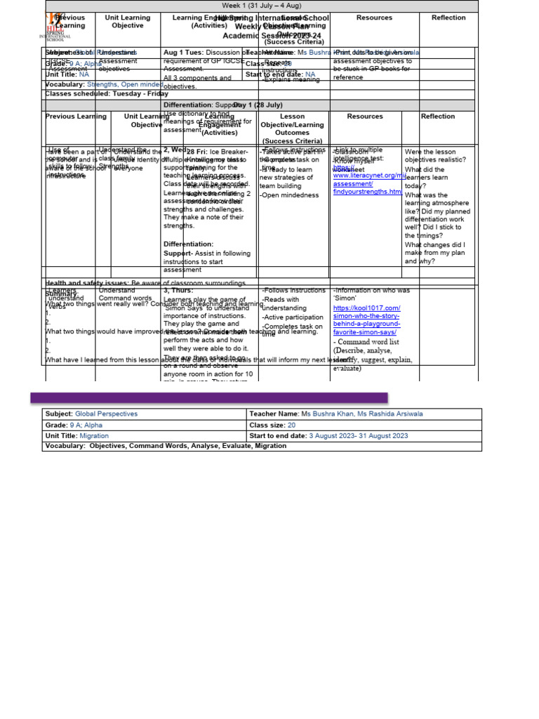 Sample Weekly Plan | PDF | Learning | Cognitive Psychology