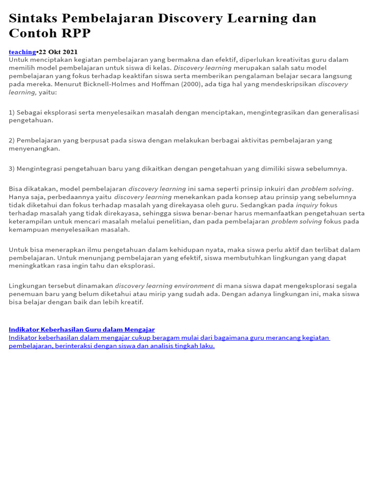 Sintaks Pembelajaran Discovery Learning Dan Contoh RPP | PDF