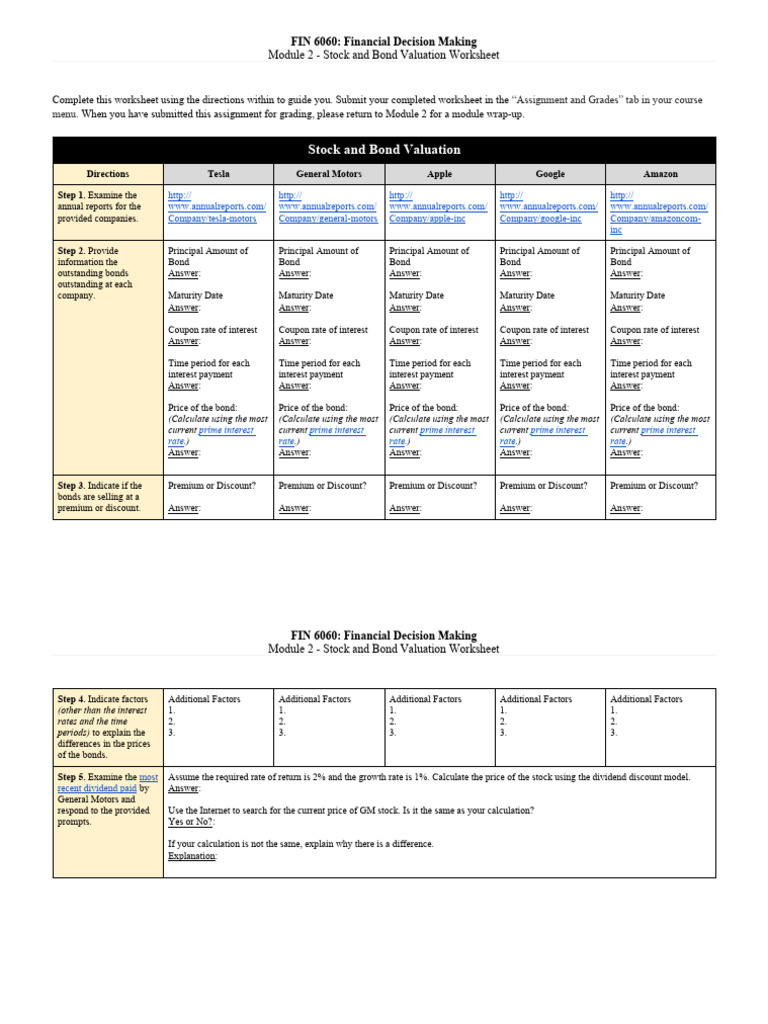 FIN_6060_Module_2_Worksheet (2) | PDF | Bonds (Finance) | Discounting