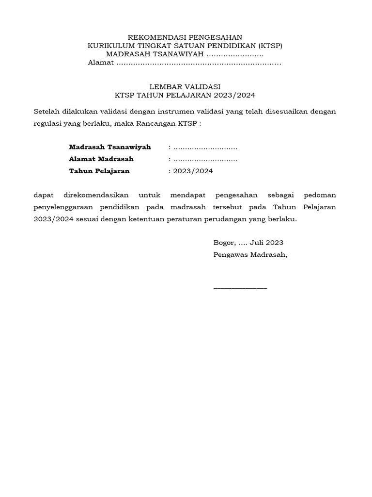 VALIDASI DAN REKOMENDASI KTSP MTs Rev Ok | PDF