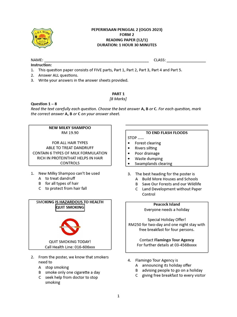 English Reading Paper Form 2 August | PDF