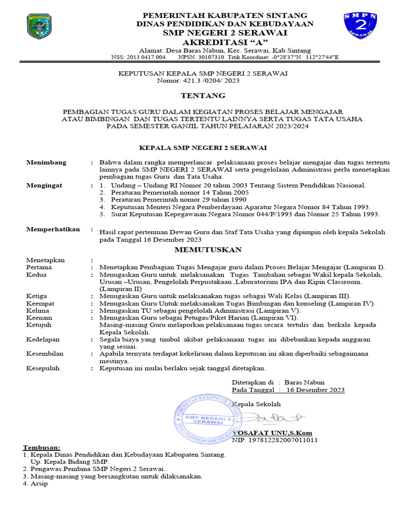 SK Pembagian Tugas Guru SMPN2 Serawai - Ganjil 2023-2024 | PDF
