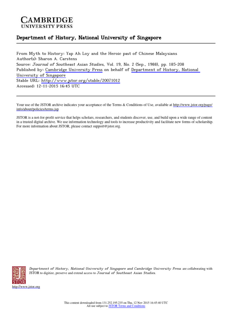 Sharon Carsterns 1988 From Myth To History Yap Ah Loy and The Heroic Past of Chinese Malaysians ...