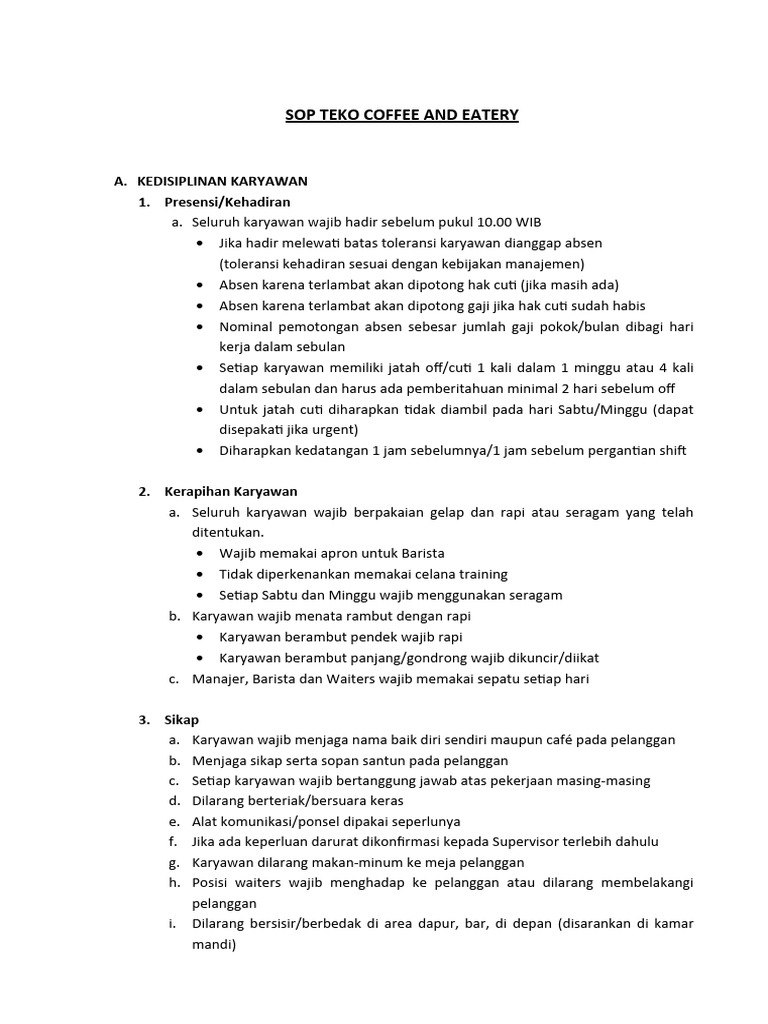 SOP Karyawan Teko Coffee | PDF