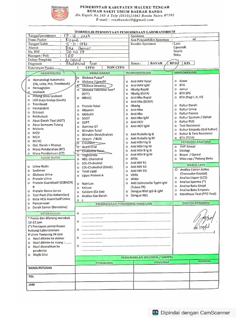 Form Permintaan Lab Beserta Indikasi Klinis | PDF