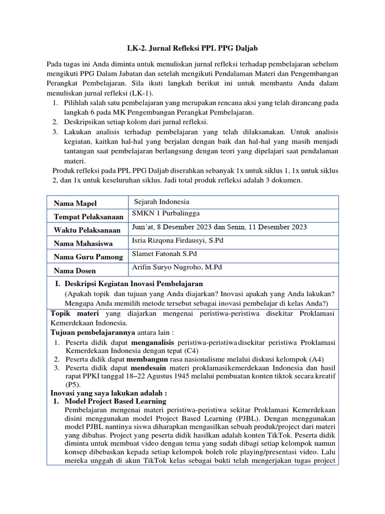 LK 2 Refleksi PPL PPG Daljab 2023 | PDF