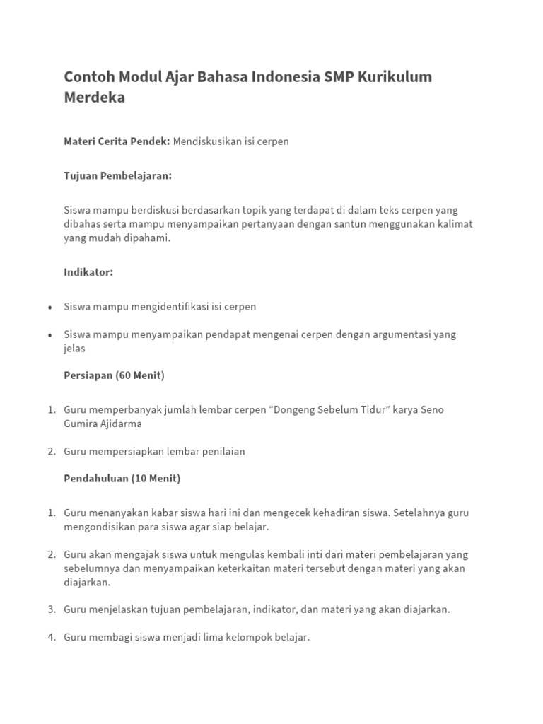 Contoh Modul Ajar Bahasa Indonesia SMP Kurikulum Merdeka | PDF