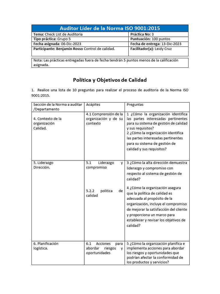 Tarea Práctica 3 Check List Auditoria Norma ISO | PDF | Calidad (comercial) | Auditoría