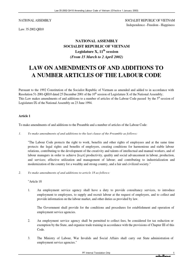 Vietnam Labour Code Amendments 2002 | PDF | Employment | Labour Law
