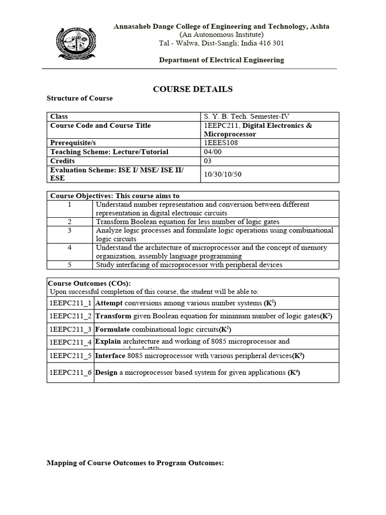 Outcome Based Course Details Page 8 | PDF | Boolean Algebra | Teaching ...
