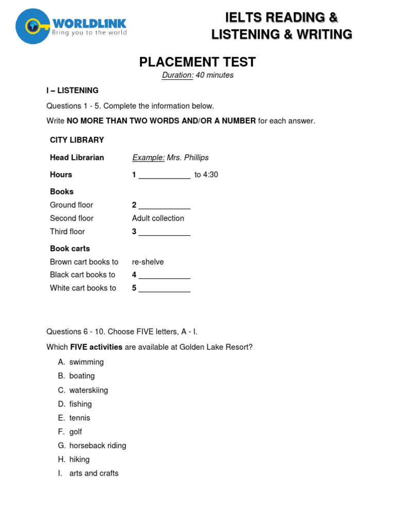 IELTS Placement Test - Reading +listening + Writing | PDF | Dragonfly ...