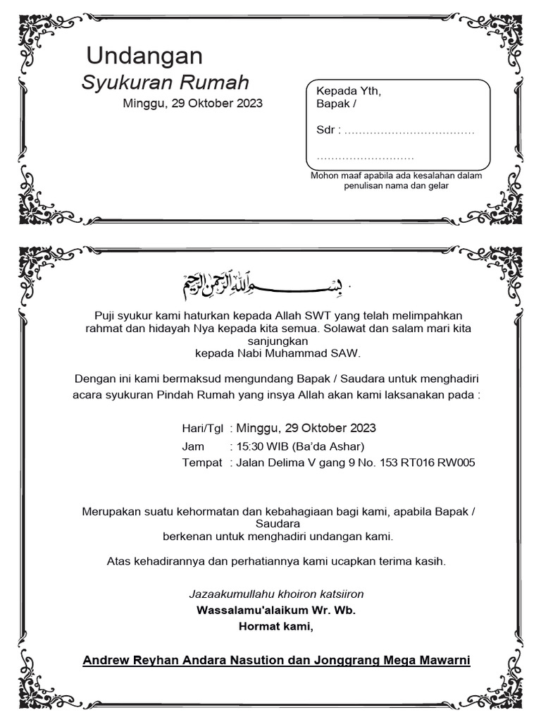 Contoh Surat Undangan Syukuran Rumah Bar | PDF