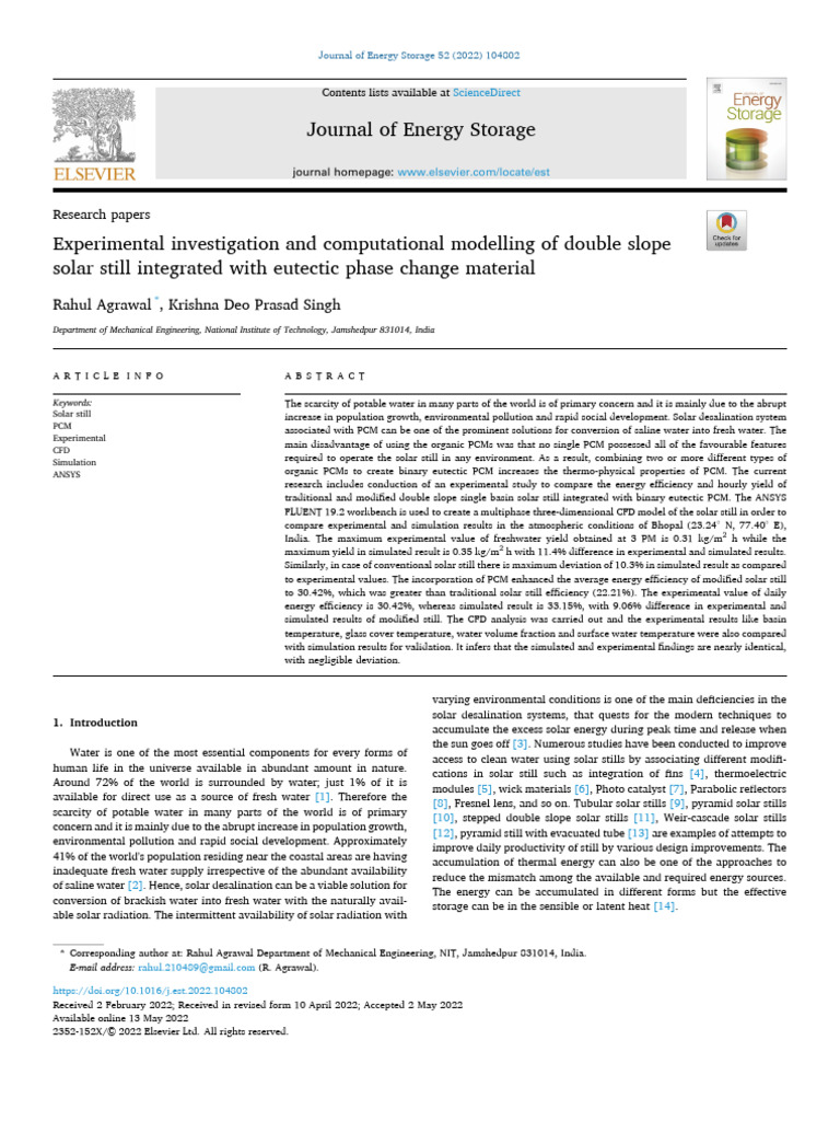 First Page Experimental Investigation and Computational Modelling of ...