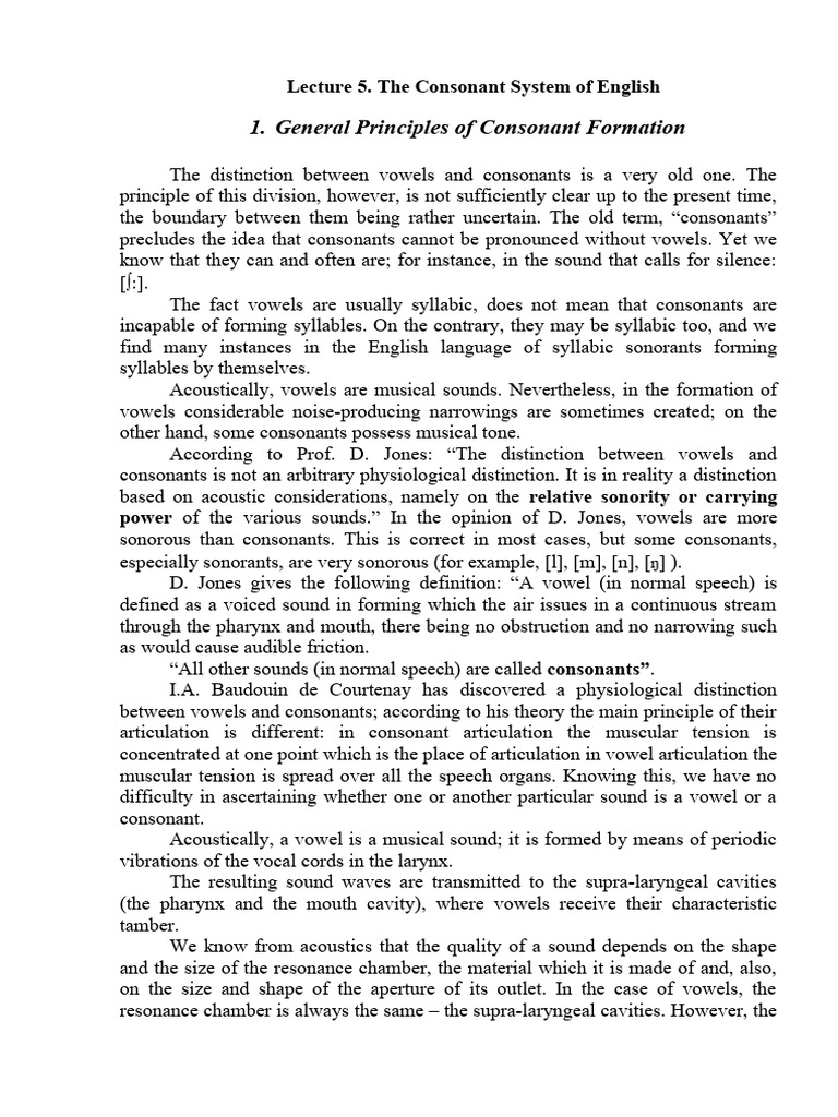 Lecture 5 The Consonant System of English | PDF | Vowel | Consonant