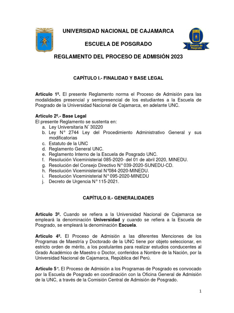 Reglamento Admision 2023 EPG | PDF | Titulo academico | Educación más alta