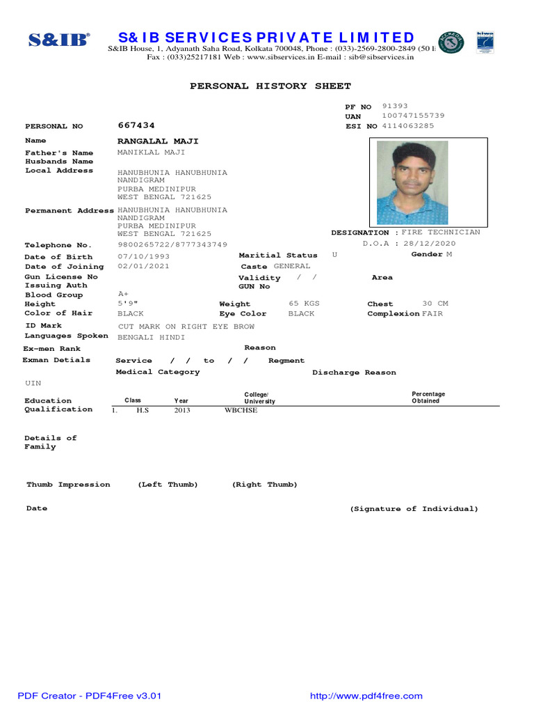 S&Ib Services Private Limited: Personal History Sheet | PDF