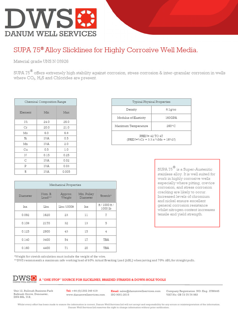 SUPA 75 Alloy Slickline Specifications | PDF