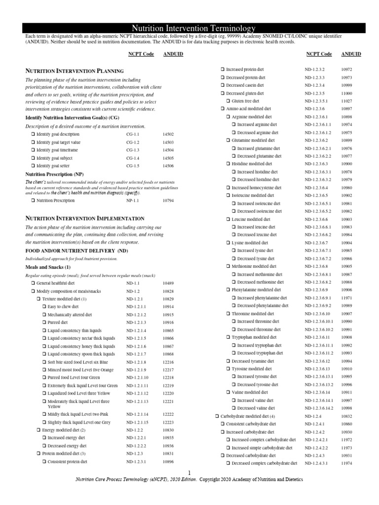 Nutrition Intervention Terminology Sheet | PDF