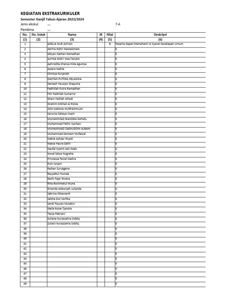 (Revisi) Form Nilai Ekskul Smt-Ganjil | PDF