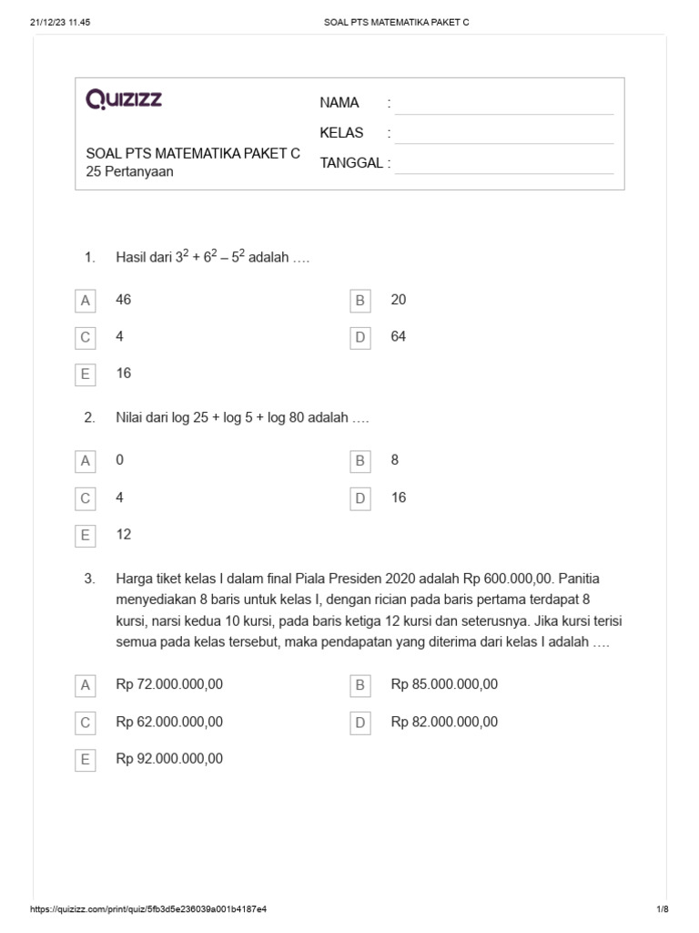 Soal PTS Matematika Paket C 10 | PDF | Metode & Bahan Ajar