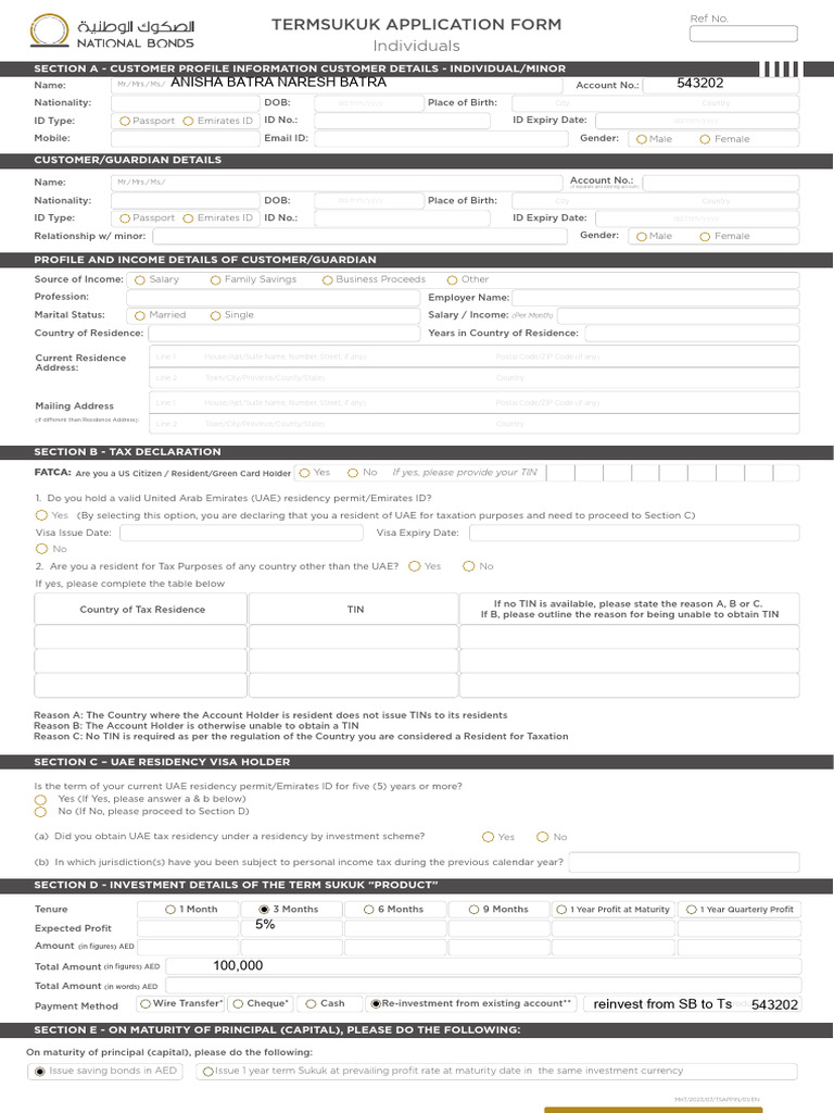 TermSukuk App Form Individual E Mrs ANISHA | PDF | Bonds (Finance) | Taxes