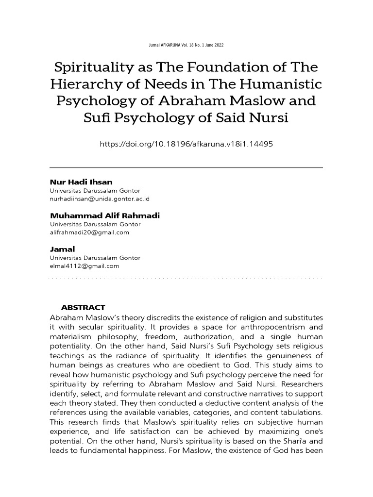 Spirituality As The Foundation of The Hierarchy of Needs in The Humanistic Psychology of Abraham ...