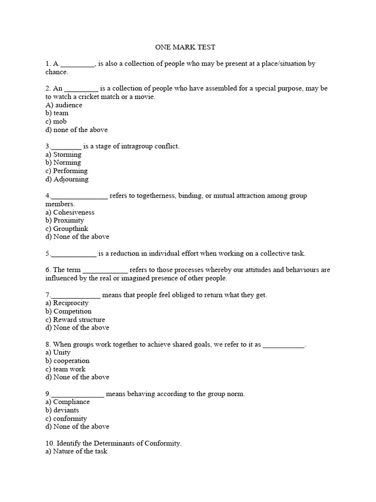 One Mark Test | PDF | Attitude (Psychology) | Conformity