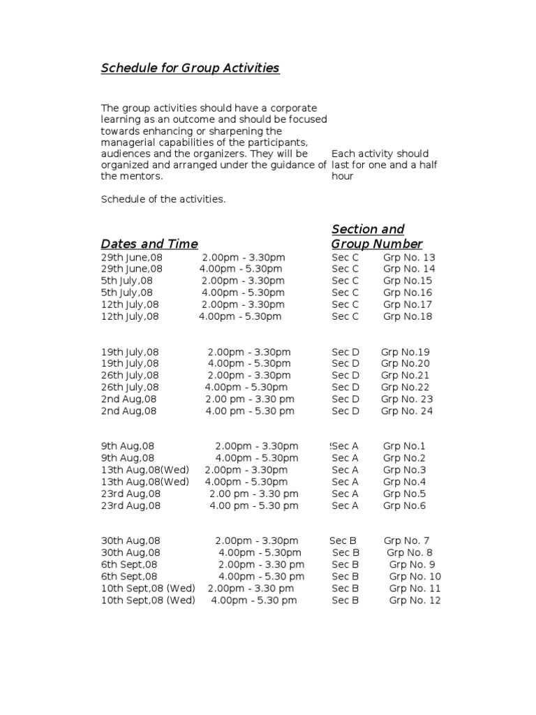 Group Activity Schedule for 2008 | PDF