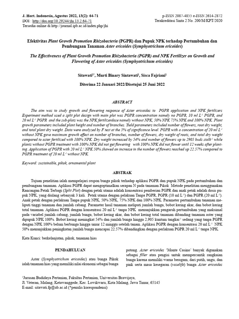 PGPR and NPK Effects on Aster Growth | PDF | Organisms | Botany
