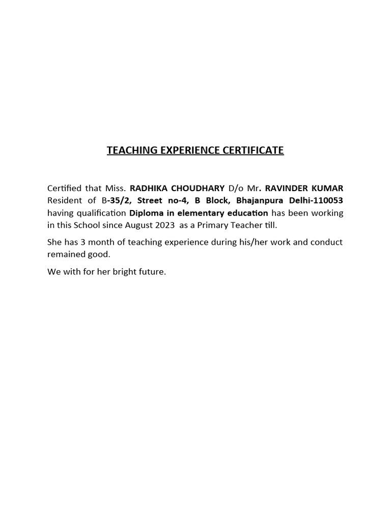 Teaching Experience Certificate | PDF