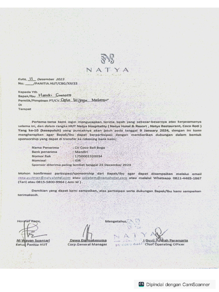 Natya Hotel Permohonan Dana | PDF