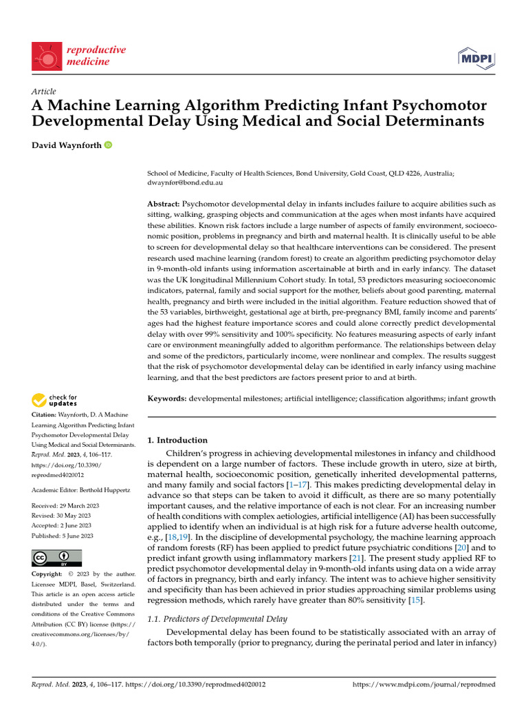 A Machine Learning Algorithm Predicting Infant Psychomotor Developmental Delay Using Medical and ...