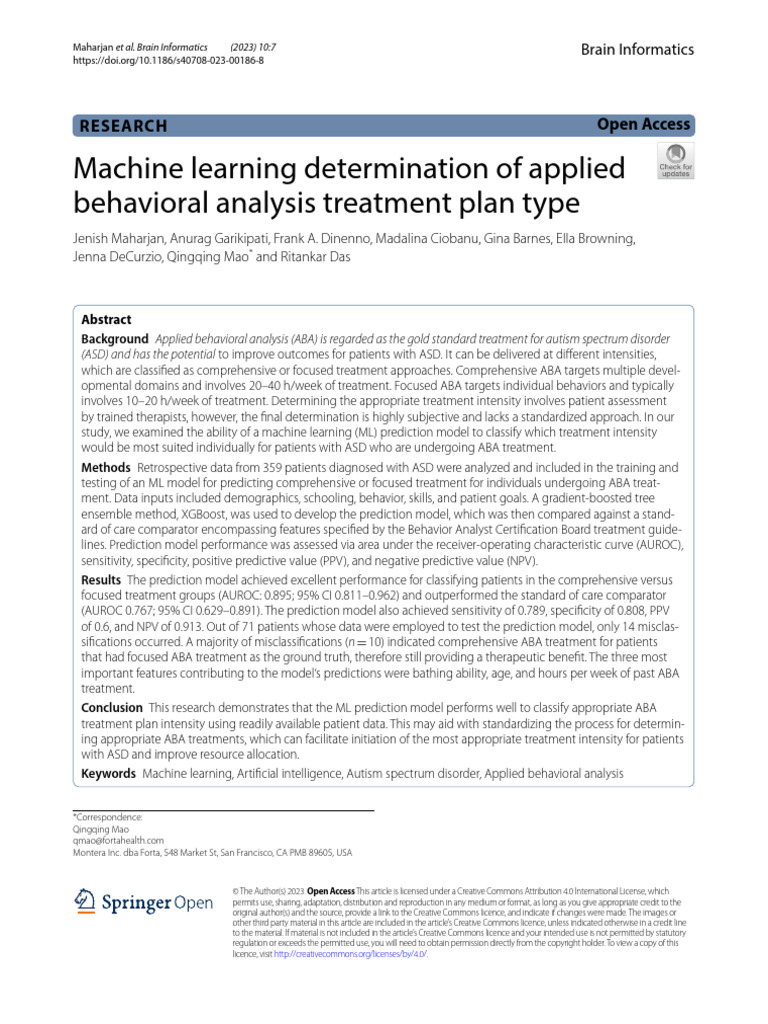 Machine learning determination of applied behavioral analysis treatment plan type | PDF | Autism ...