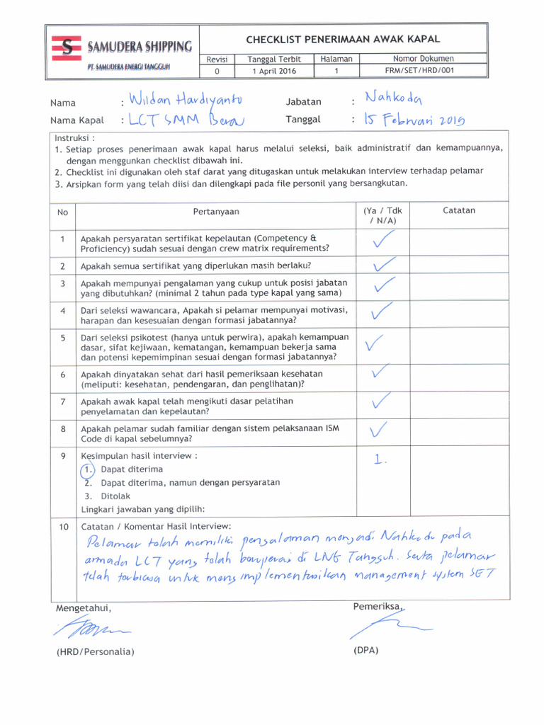 Checklist Penerimaan Awak Kapal | PDF