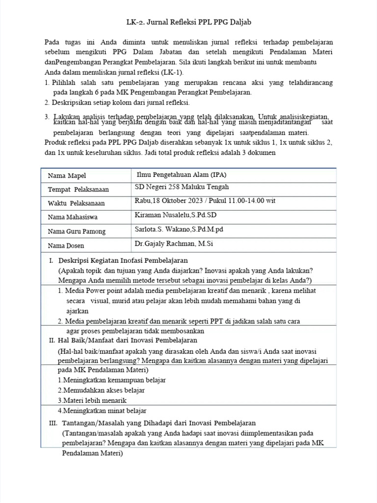 PDF LK 2 Jurnal Refleksi PPL PPG Daljab Compress | PDF