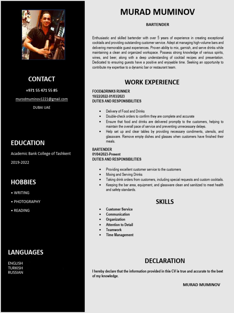 Murad CV | PDF | Bartender | Food And Drink