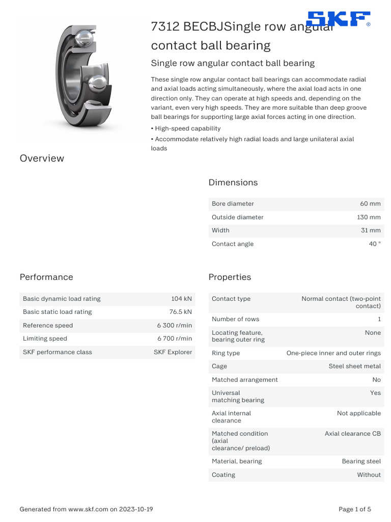 SKF 7312 BECBJSingle Row Angular Contact Ball Bearing Specification | PDF | License | Bearing ...