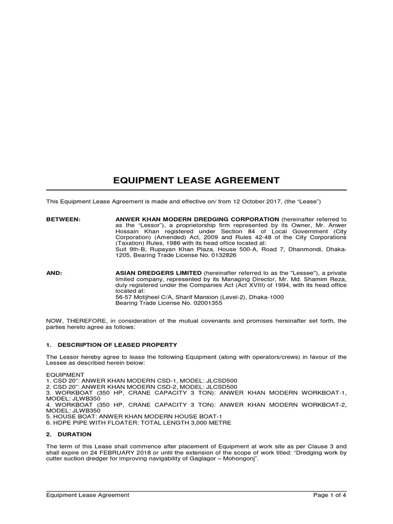 Draft For Equipment Lease Agreement - FINAL | PDF | Lease | Copyright